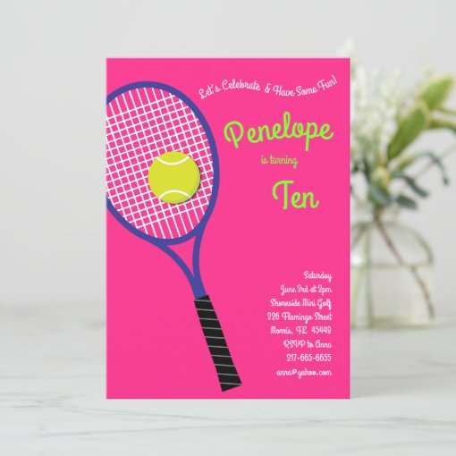 Tennis Sports Kids Birthday Party Pink Girls Invitation | Zazzle