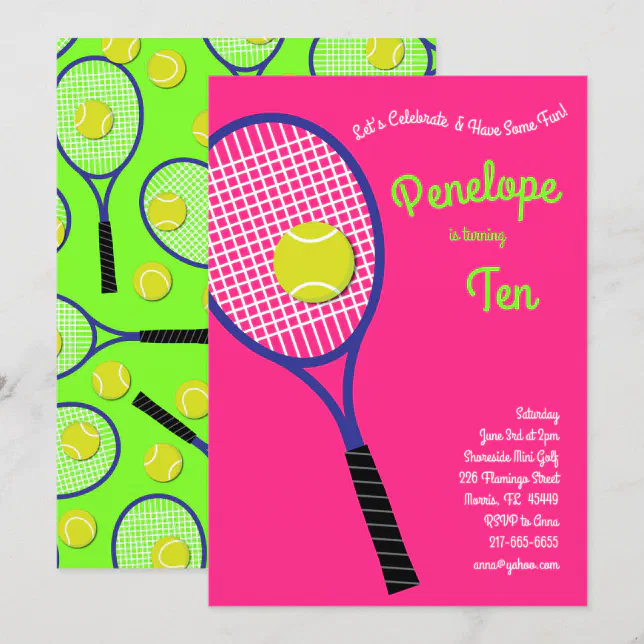 Tennis Sports Kids Birthday Party Pink Girls Invitation | Zazzle