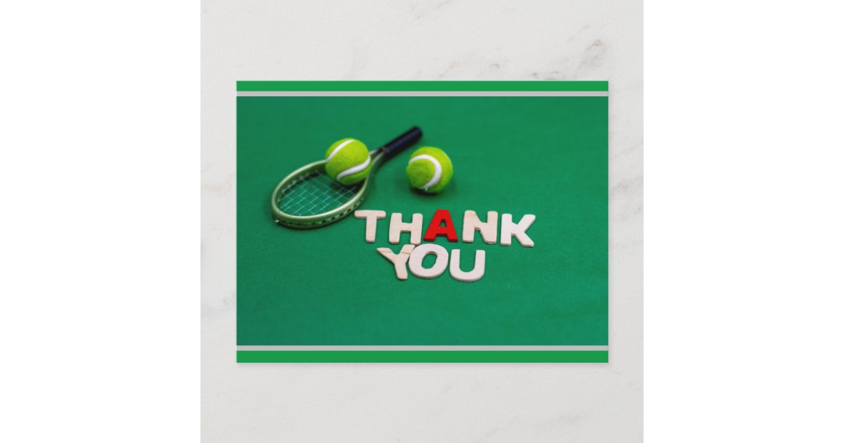 Tennis thank you with racket and ball on green postcard | Zazzle