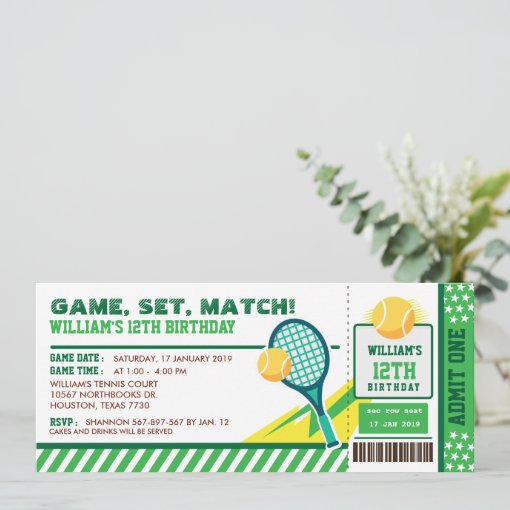 Tennis Ticket Pass Birthday Party Invitation | Zazzle