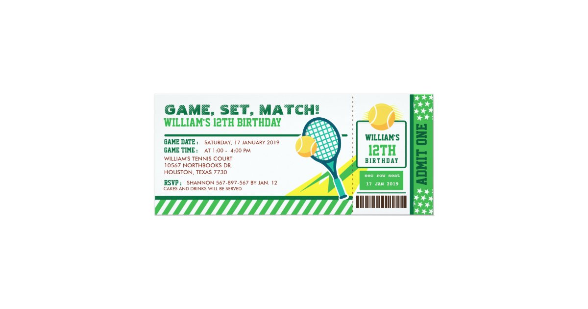 Tennis Ticket Pass Birthday Party Invitation | Zazzle.com