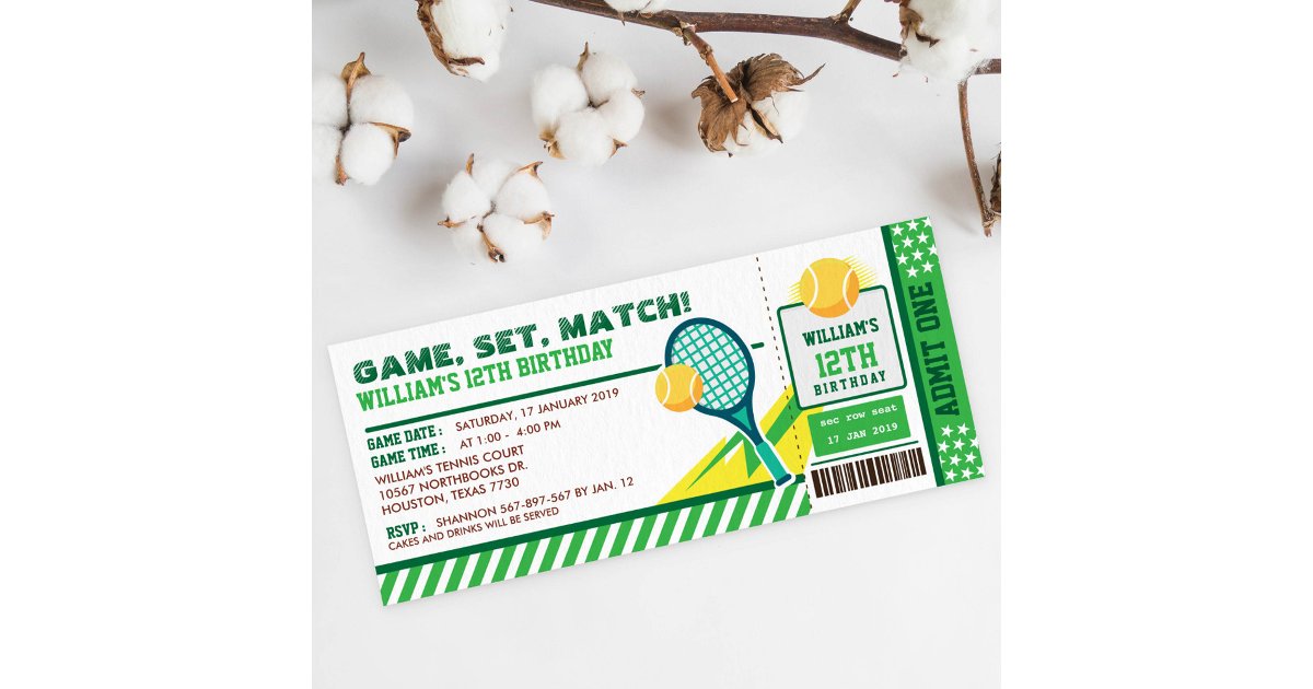 Tennis Ticket Pass Birthday Party Invitation | Zazzle