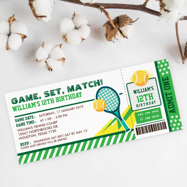 Tennis Ticket Pass Birthday Party Invitation | Zazzle
