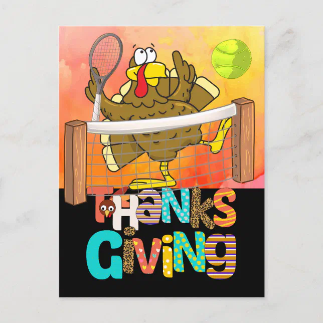 Tennis Turkey Thanksgiving funny cartoon Holiday Postcard | Zazzle