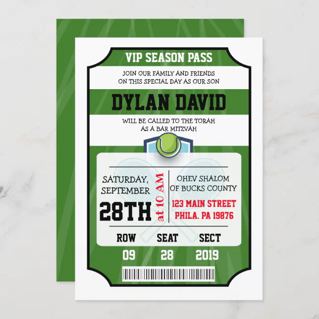 TENNIS VIP TICKET Bar Bat Mitzvah Invitation | Zazzle