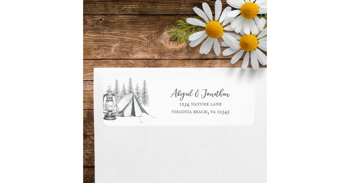 Tent and Lantern Camping Sketch Wedding Address Label | Zazzle