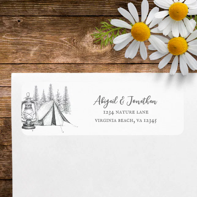 Tent and Lantern Camping Sketch Wedding Address Label | Zazzle