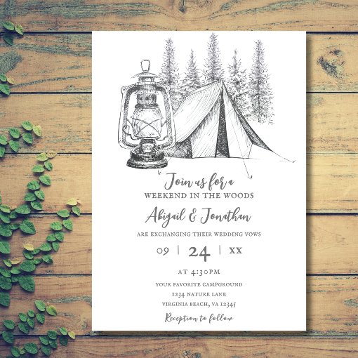 Tent, Lantern and Woodland Sketch Camping Wedding Invitation | Zazzle