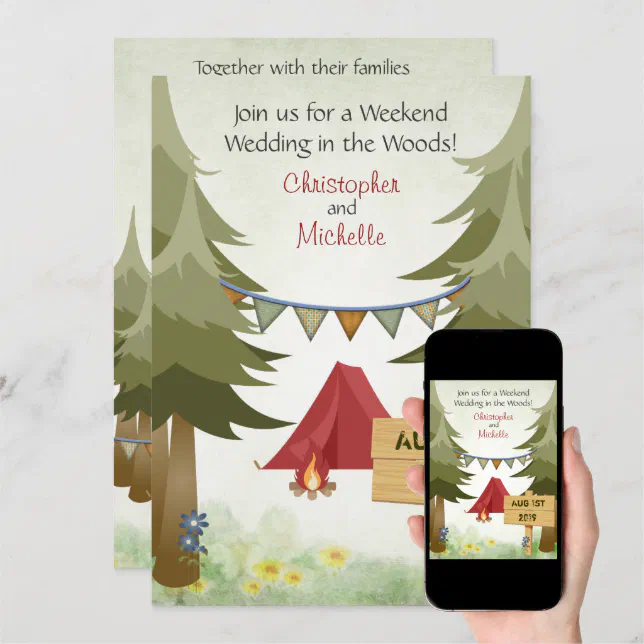 Tents and Campfire Woodland Camping Wedding Invitation | Zazzle