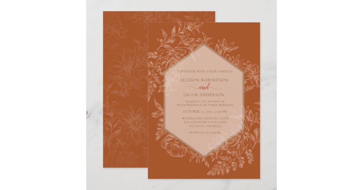 Terra Cotta Geometric Floral Tapestry Wedding Invitation | Zazzle