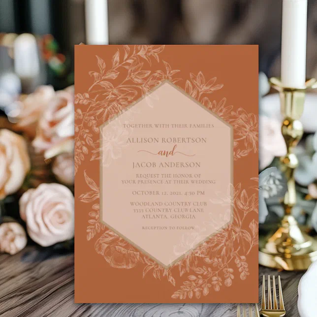 Terra Cotta Geometric Floral Tapestry Wedding Invitation | Zazzle