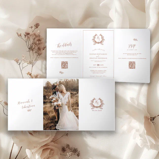 Terra Cotta Monogram Photo QR Code RSVP/Details Tri-Fold Card | Zazzle