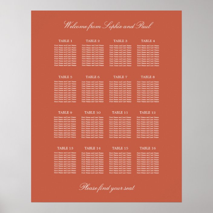 Terracotta 16 Table Wedding Seating Chart Poster | Zazzle