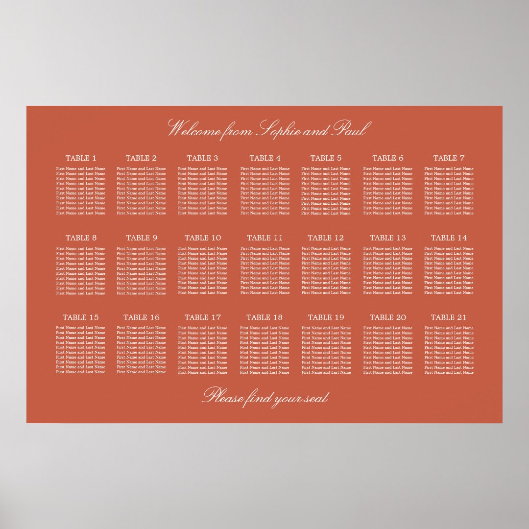 Terracotta 21 Table Wedding Seating Chart Poster | Zazzle