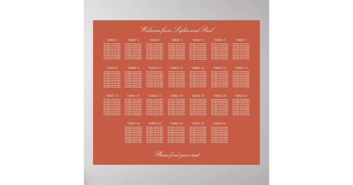 Terracotta 26 Table Wedding Seating Chart Poster | Zazzle