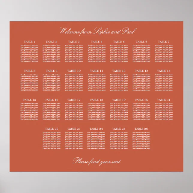 Terracotta 26 Table Wedding Seating Chart Poster | Zazzle