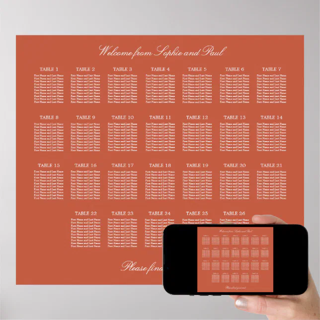 Terracotta 26 Table Wedding Seating Chart Poster | Zazzle