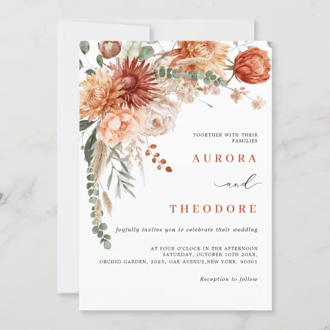 Terracotta and Emerald Green Rustic Floral Wedding Invitation | Zazzle