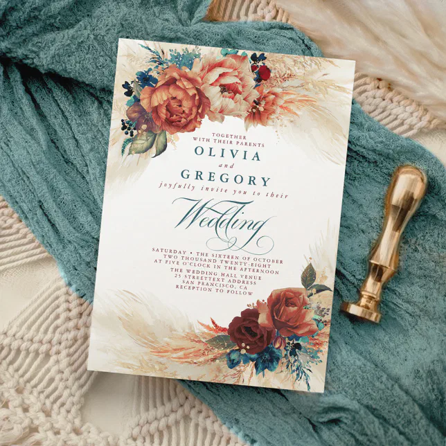 Terracotta and Teal Floral Elegant Boho Wedding Invitation | Zazzle