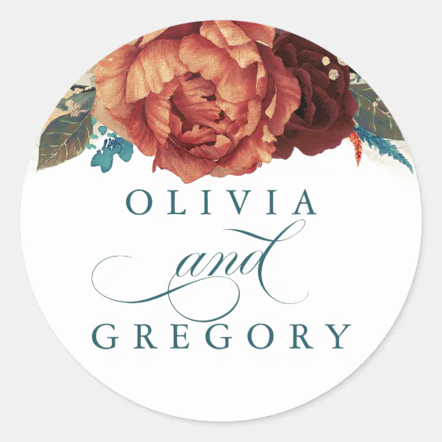 Terracotta and Teal Floral Wedding Classic Round Sticker | Zazzle