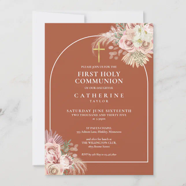 Terracotta Arch Pampas Grass First Holy Communion Invitation | Zazzle