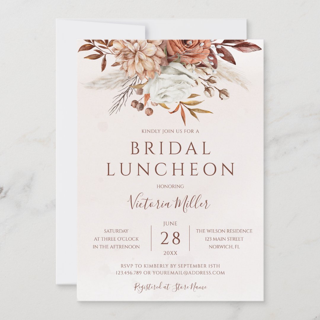 Terracotta Autumn Floral Boho Fall Bridal Luncheon Invitation | Zazzle