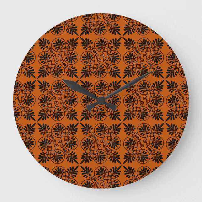Terracotta Black Ancient Greek Meander Pattern Large Clock | Zazzle