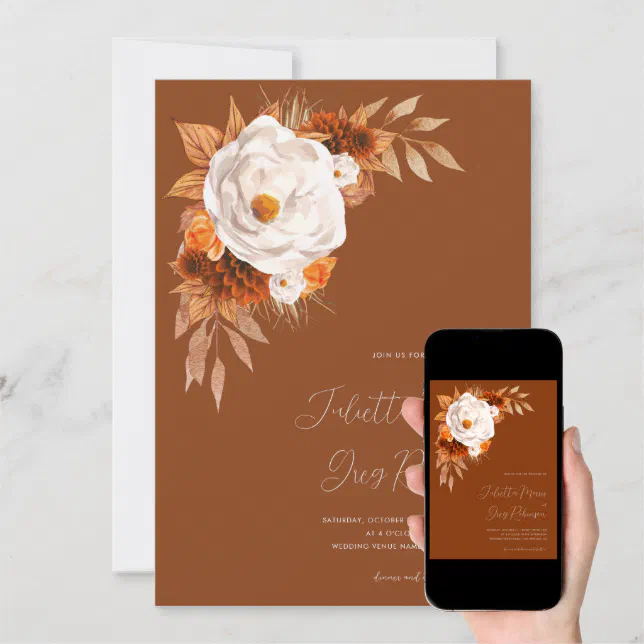 Terracotta Boho Fall Floral QR Code Photo Wedding Invitation | Zazzle