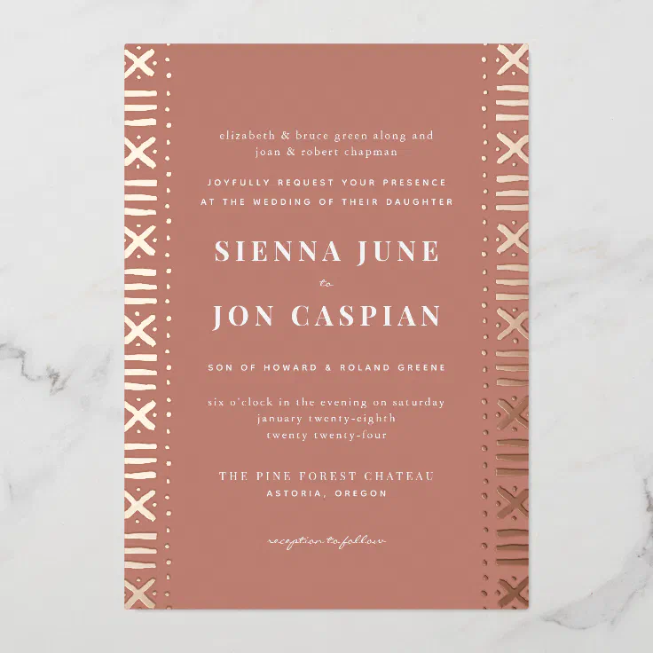 Terracotta Boho Mudcloth Border Foil Invitation | Zazzle