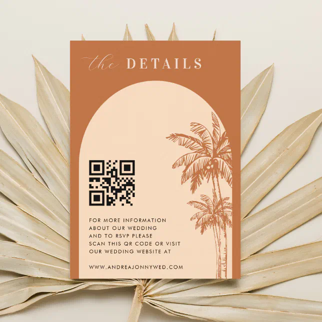 Terracotta Boho Palm Trees QR Code Details Wedding Enclosure Card | Zazzle