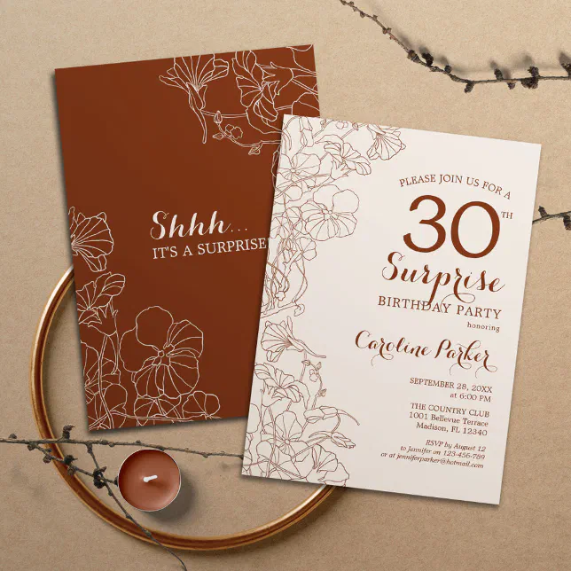 Terracotta Boho Surprise 30th Birthday Party Invitation | Zazzle