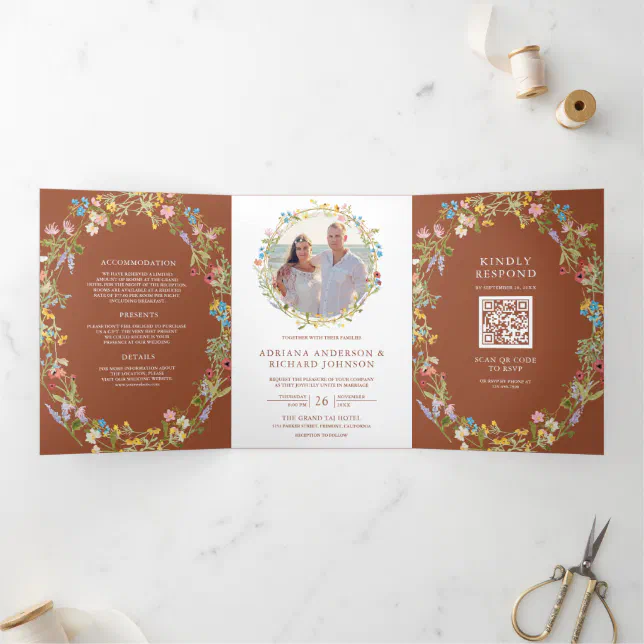 Terracotta Boho Wildflower Photo QR Code Wedding Tri-Fold Invitation ...