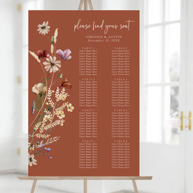 Terracotta Boho Wildflower Seating Chart Foam Board | Zazzle