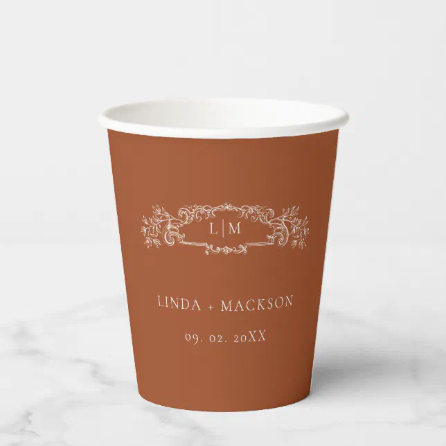 Terracotta botanical crest monogram wedding Paper Cups | Zazzle