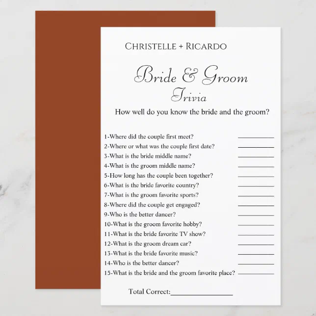 Terracotta bride & groom trivia bridal shower game | Zazzle