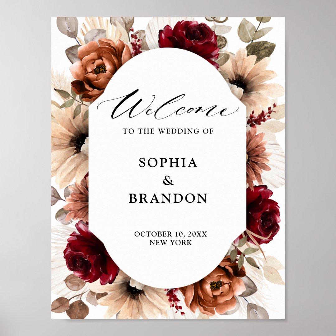 Terracotta Burgundy Mauve Floral Geometric Welcome Poster | Zazzle