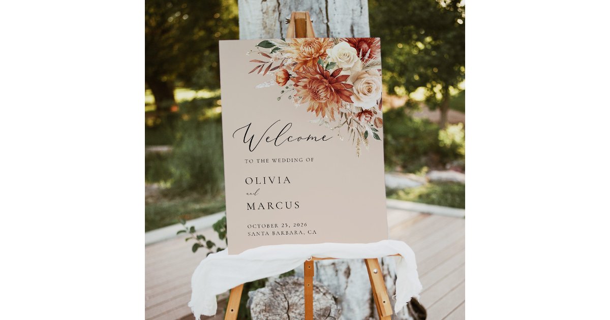 Terracotta Dahlia Rose Wedding Welcome Sign Beige | Zazzle
