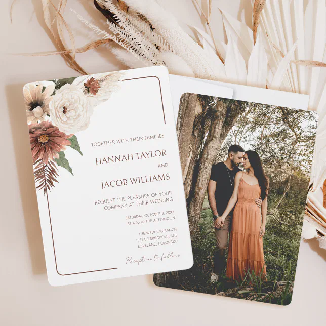 Terracotta Fall Floral Modern Photo Wedding Invitation | Zazzle