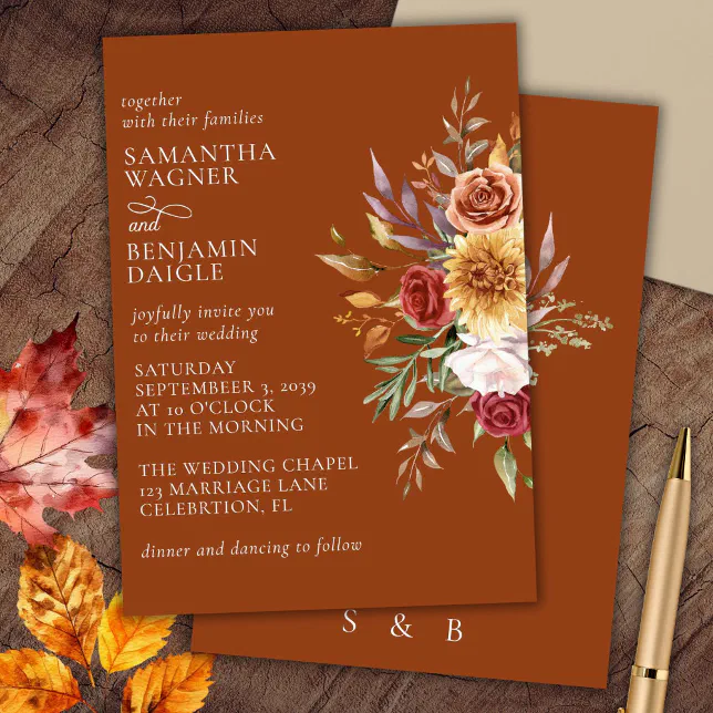 Terracotta Fall Floral Wedding Invitation | Zazzle