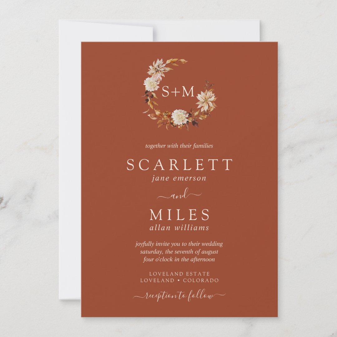 Terracotta Fall Terracotta Monogram Wreath Wedding Invitation | Zazzle