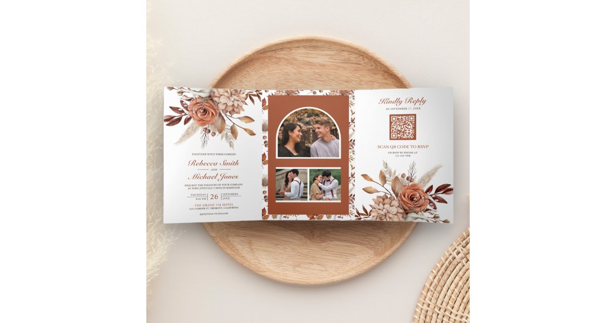 Terracotta Floral All in One QR Code Wedding Tri-Fold Invitation | Zazzle