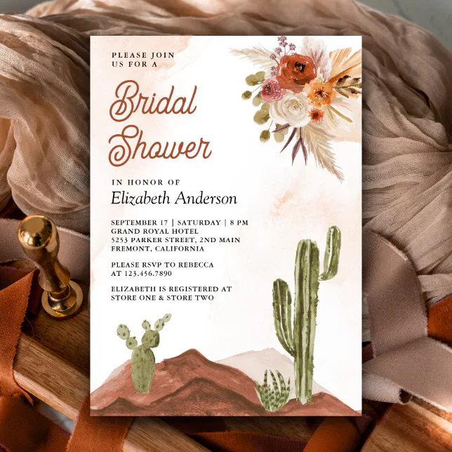 Terracotta Floral Desert Cactus Bridal Shower Invitation | Zazzle