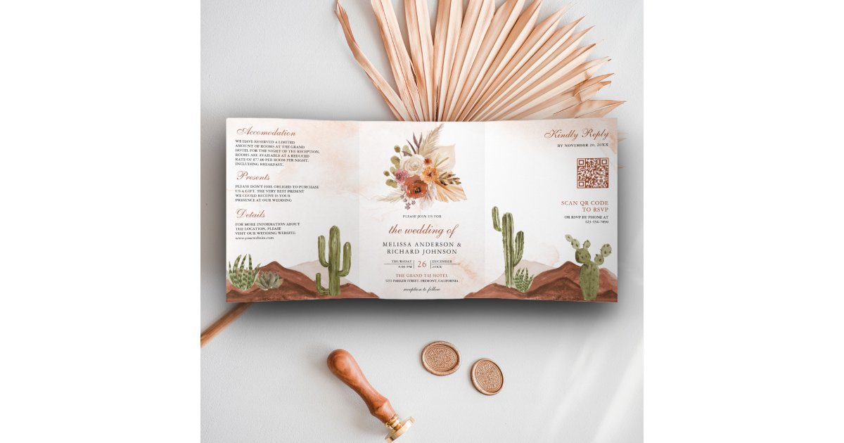 Terracotta Floral Desert Cactus QR Code Wedding Tri-Fold Invitation ...