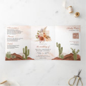 Terracotta Floral Desert Cactus QR Code Wedding Tri-Fold Invitation ...