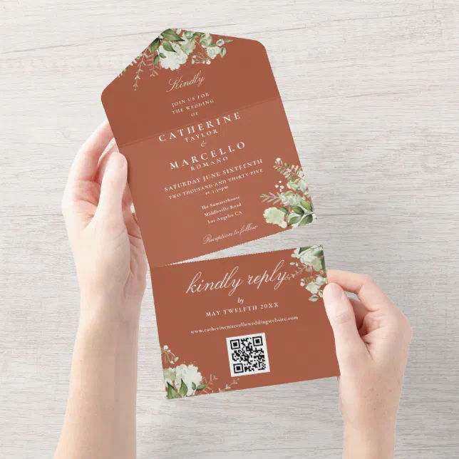 Terracotta Floral Greenery QR Code Wedding All In One Invitation | Zazzle
