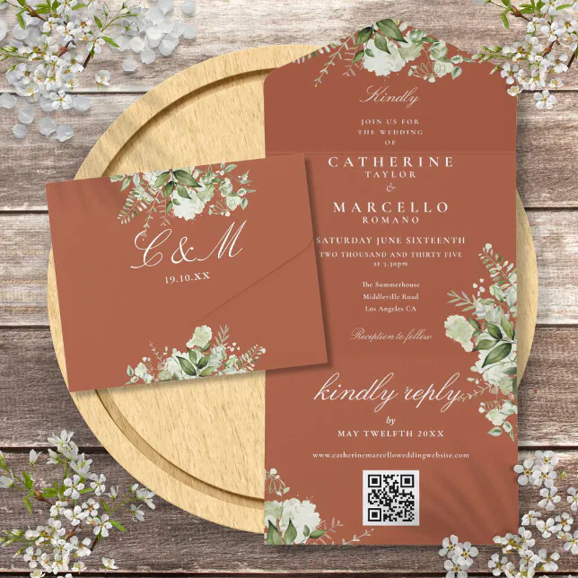 Terracotta Floral Greenery QR Code Wedding All In One Invitation | Zazzle
