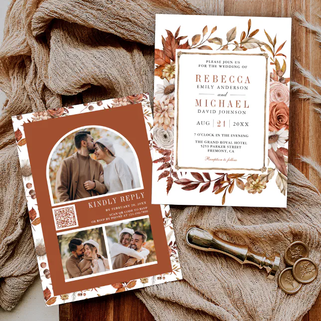 Terracotta Floral Photo Collage QR Code Wedding Invitation | Zazzle