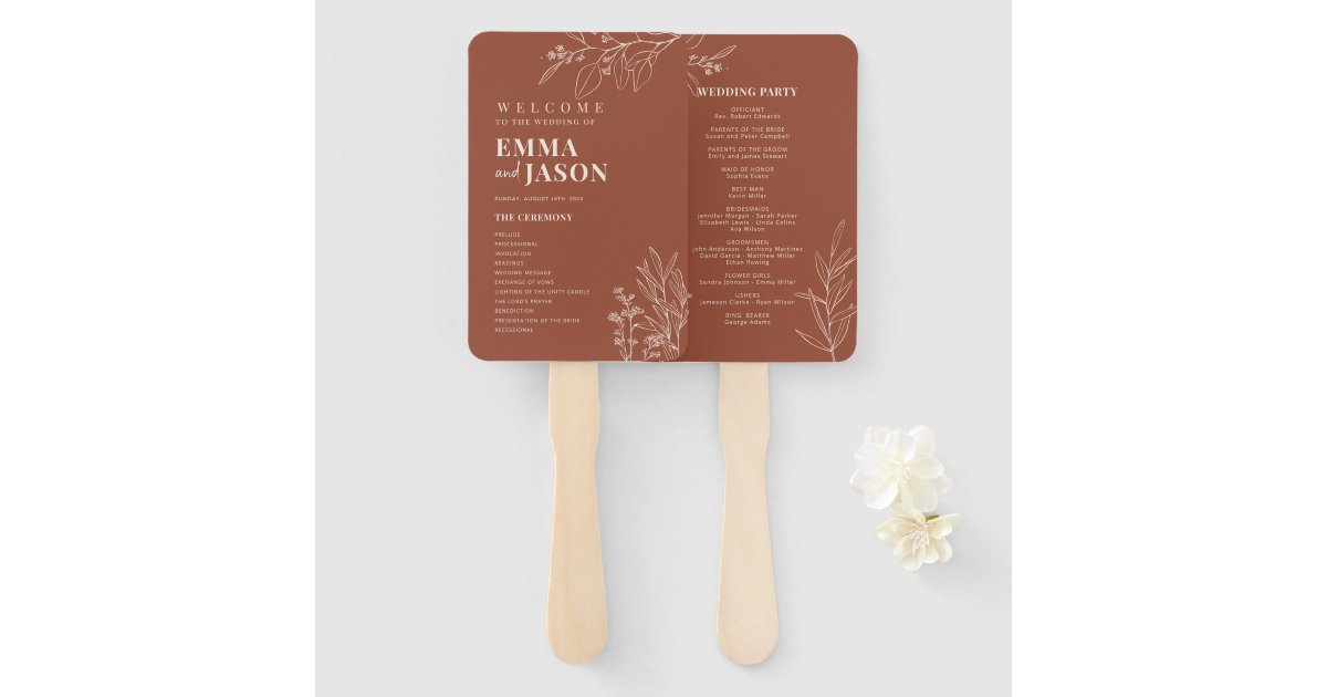 Terracotta Floral Wedding Hand Fan Program | Zazzle