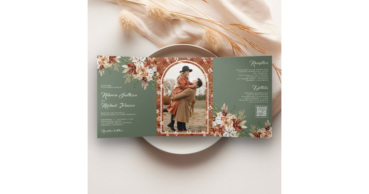 Terracotta Floral Wildflower Sage Green Wedding Tri-Fold Invitation ...