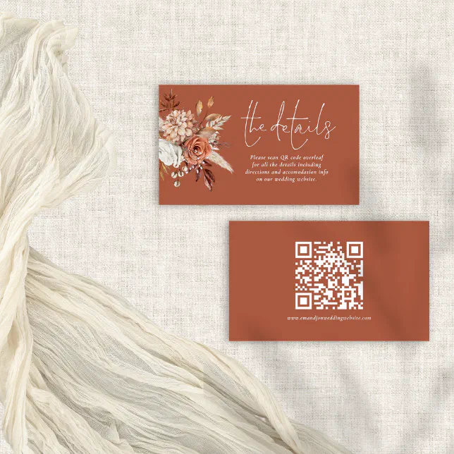 Terracotta Florals QR Code Rust Wedding Details Enclosure Card | Zazzle